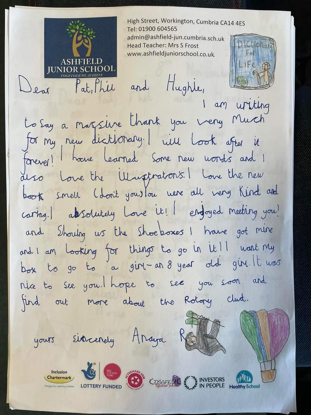 Rotary - thank you letter - Ashfield Junior School : Ashfield Junior School